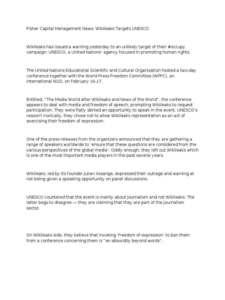 Fisher Capital Management News: Wikileaks Targets UNESCO | PDF | Wiki ...