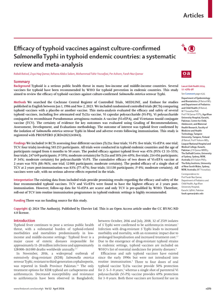 Efficacy of Typhoid Vaccines Against Culture Confirmed S Typhi | PDF ...