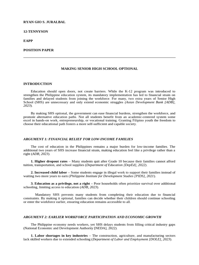 JURALBAL, Ryan Gio S-POSITION PAPER | PDF | Vocational Education | Workforce