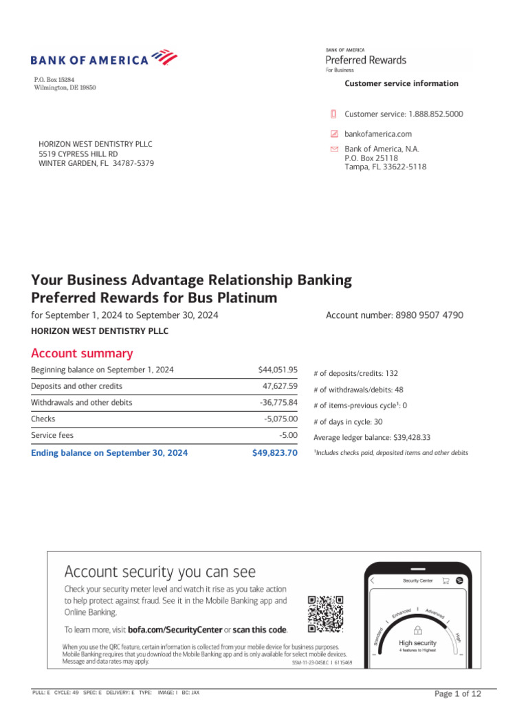 Horizon West Dentistry - Sept - 2024 Bank Statement - 4790 | PDF ...