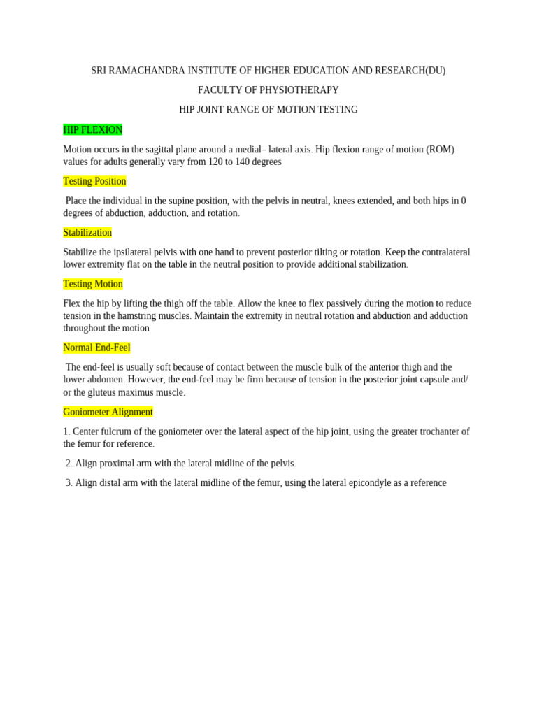 Hip Joint Range of Motion Testing Guide | PDF | Hip | Anatomical Terms ...