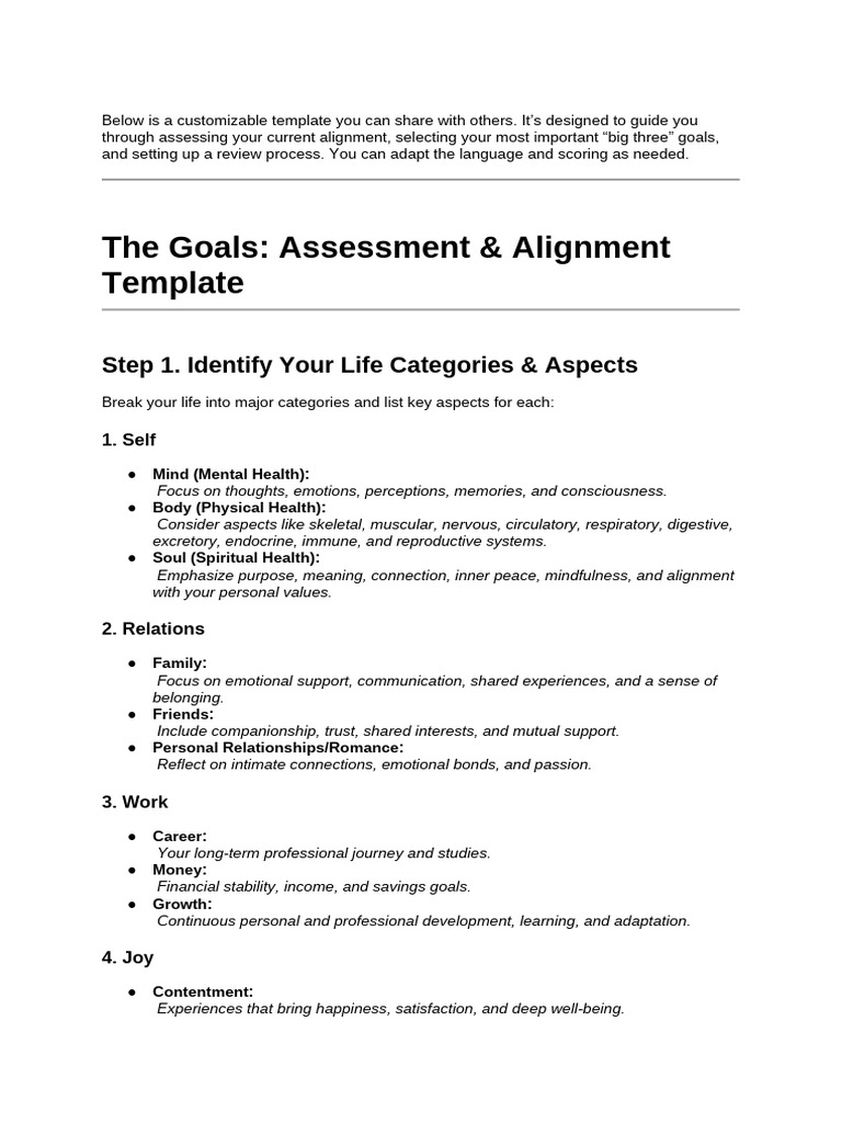 Life Goals Assessment Template | PDF | Mind | Goal