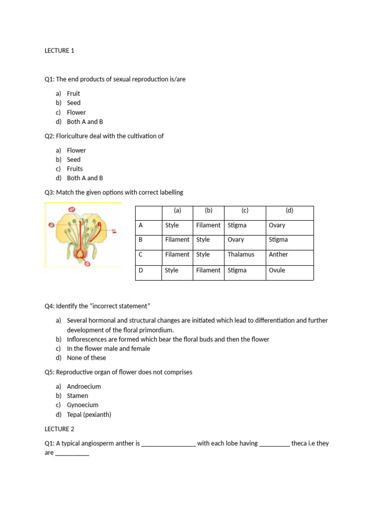Angiosperm Reproductive Biology Quiz | PDF | Flowers | Pollen