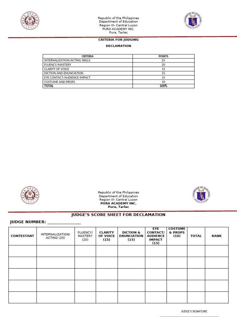 Declamation Judging Criteria and Score Sheet | PDF