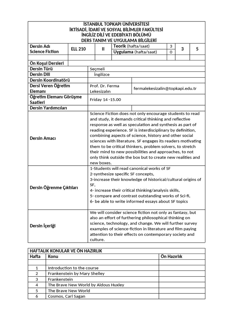 Science Fiction Syllabus | PDF | Science Fiction | Critical Thinking