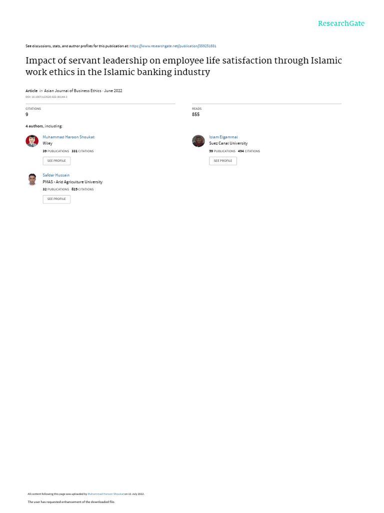 Impact of Servant Leadership On Employee Life Satisfaction Through Islamic Work Ethics in The ...