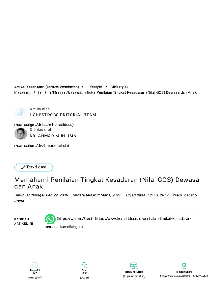 Penilaian Tingkat Kesadaran (Nilai GCS) Dewasa Dan Anak - Honest | PDF