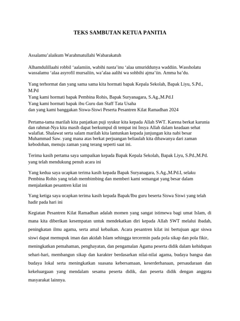 Sambutan Ketua Panitia Pesantren Kilat 2024 | PDF