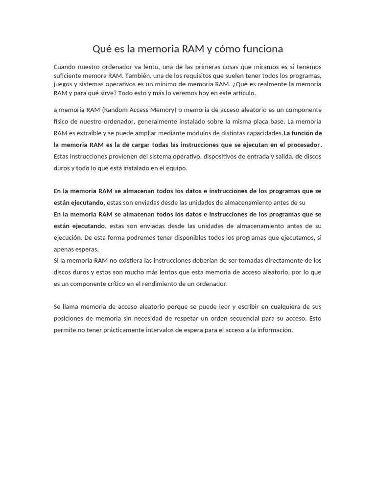 Qué Es La Memoria RAM y Cómo Funciona | PDF | Memoria de acceso aleatorio | Almacenamiento de ...