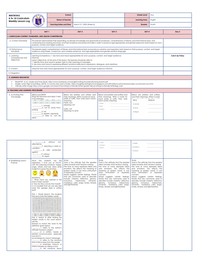Q4 W4 English4 Le Matatag | PDF | Reading Comprehension | Human ...