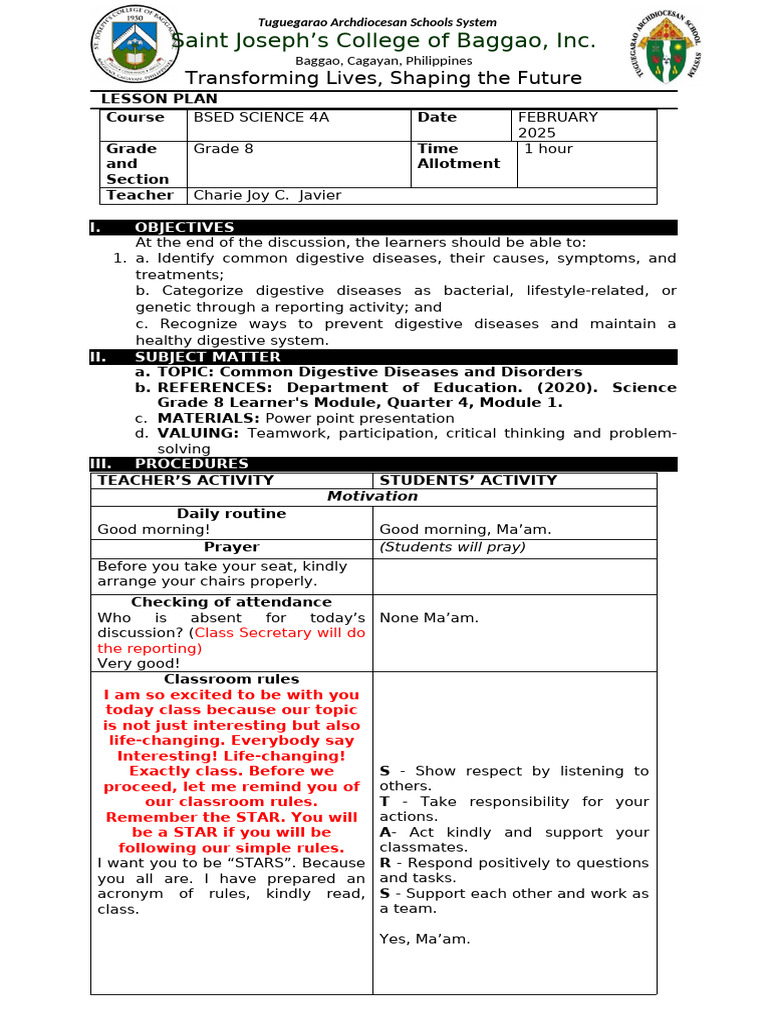Grade 8 Lesson Plan on Digestive Diseases | PDF | Gastroesophageal ...