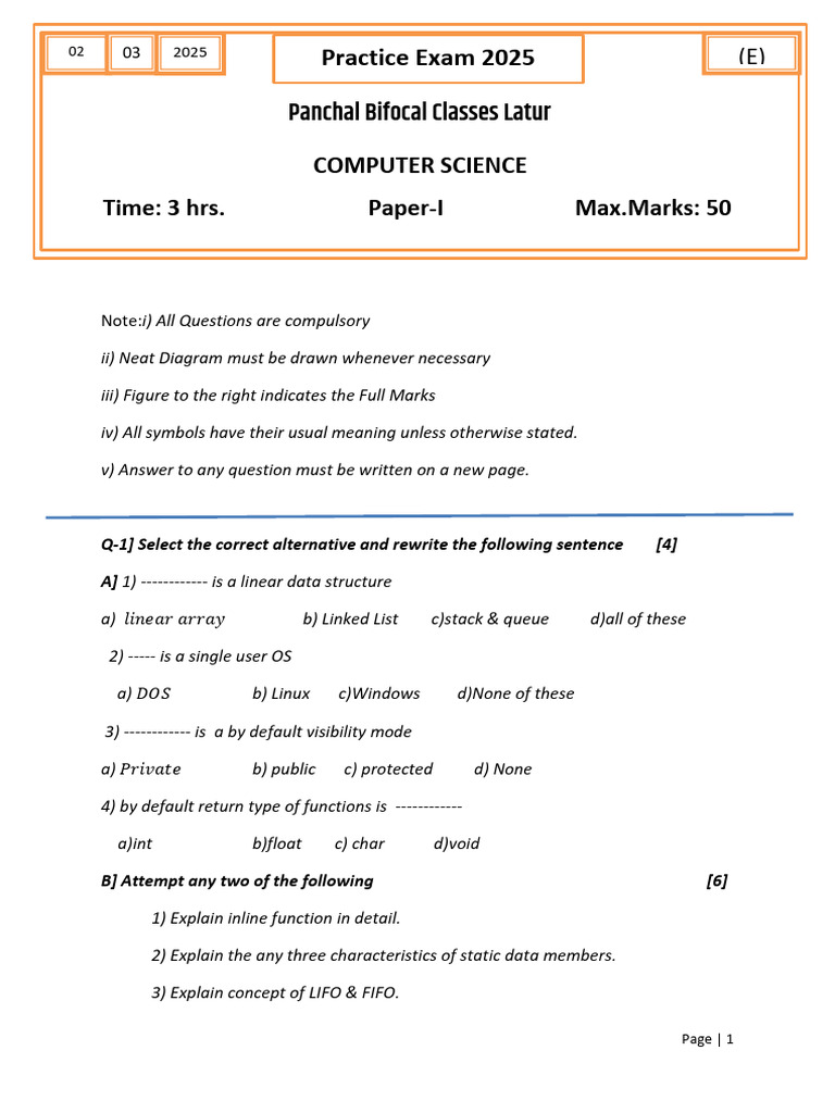 PRACTICE EXAM PAPERS COmputerhhh Scinece Paper-I | PDF | C++ | Html
