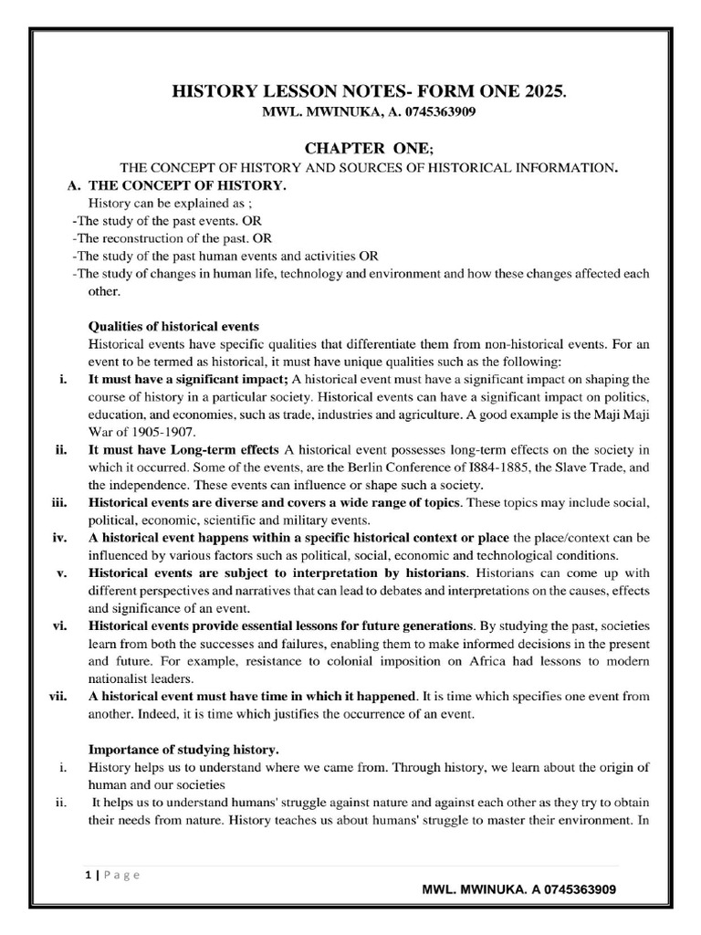 History Lesson Notes Form One 2025 | PDF