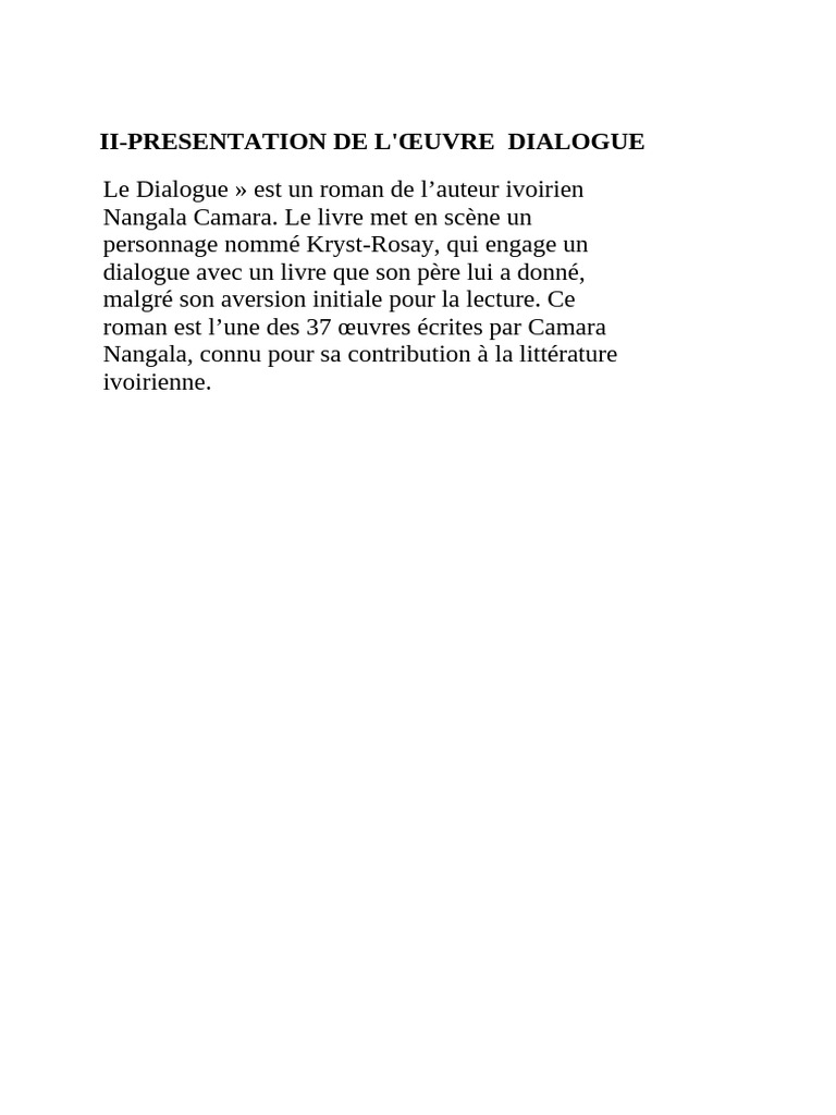 Présentation du roman "Dialogue" de Nangala | PDF