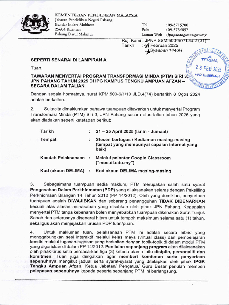 Tawaran Menyertai Program Transformasi Minda (PTM) Siti 3 JPN Pahang ...