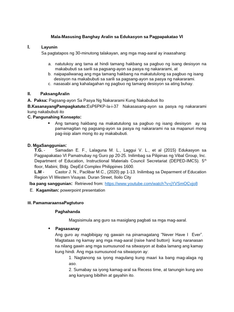 EsP - 6 Week 2 Lesson Plan | PDF