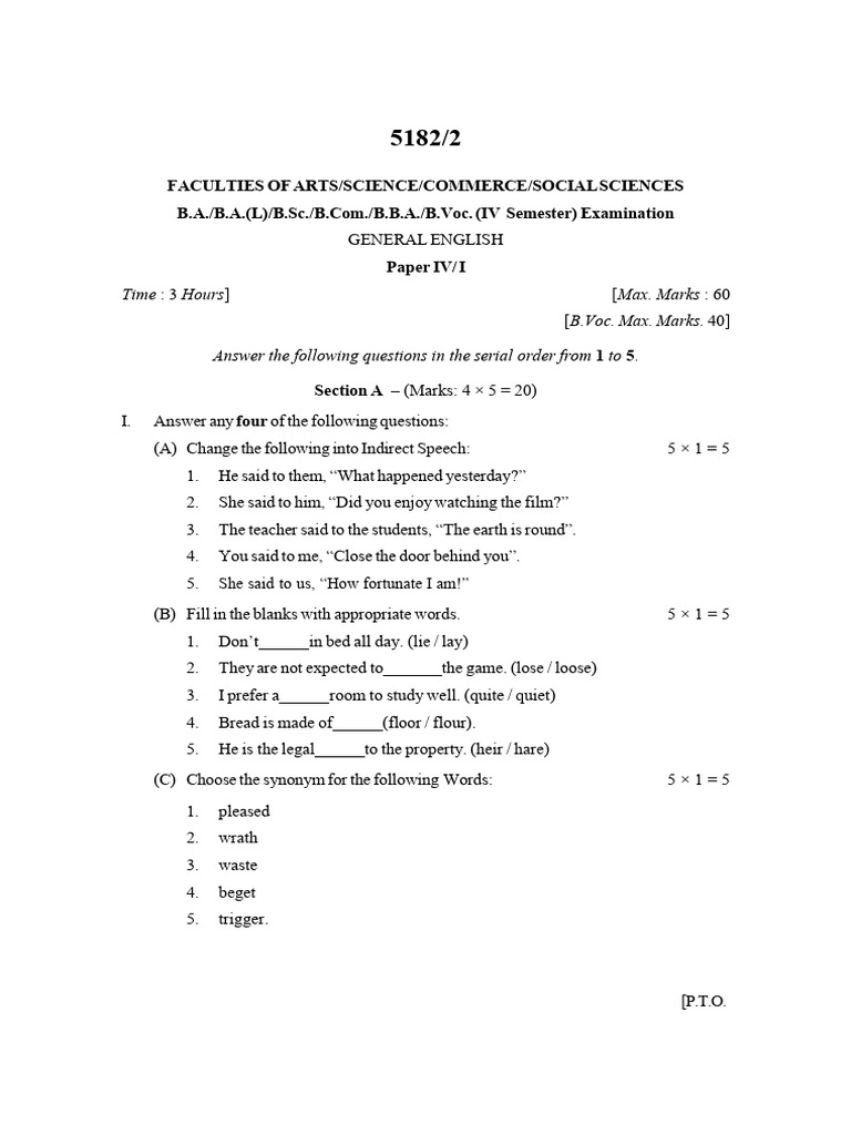 Sem IV Quetion Paper With Key To Grammar 19.06.23 1 | PDF | Curriculum