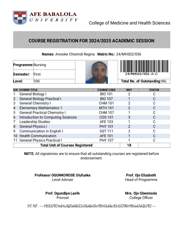 Course Registration Form Printout - Afe Babalola University ODL | PDF
