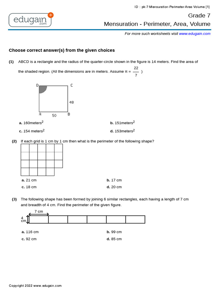 Mensuration: Perimeter, Area, Volume | PDF | Length | Area