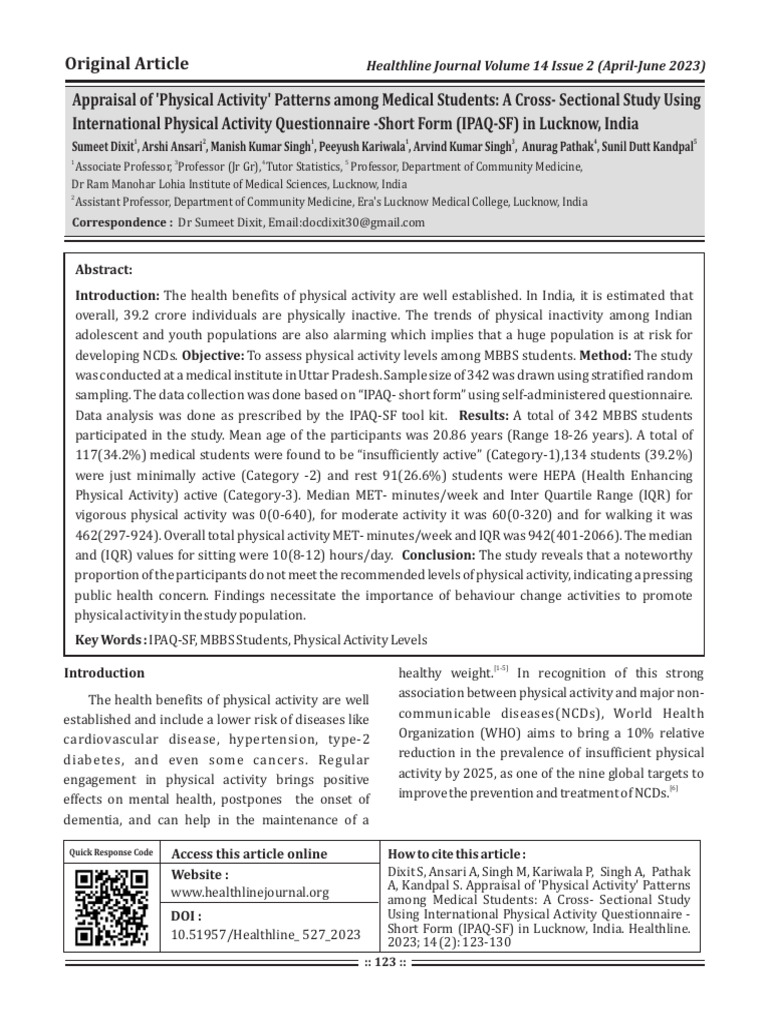 Appraisal of 'Physical Activity' Patterns among Medical Students- A Cross- Sectional Study Using ...