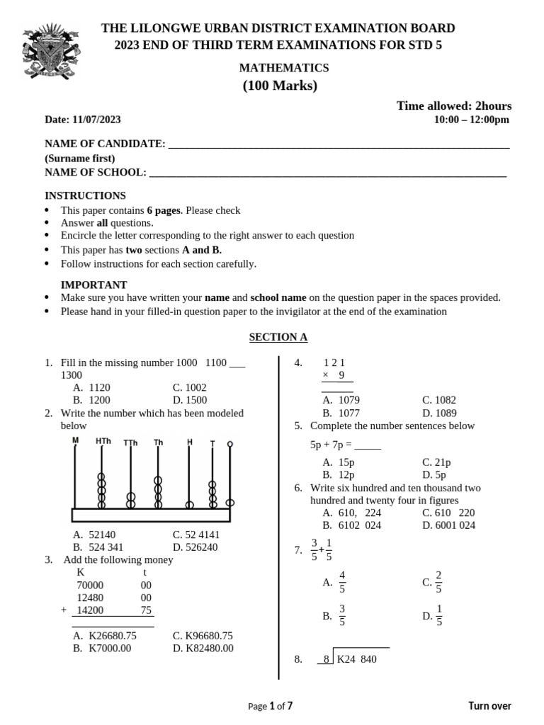 std 5 maths edited | PDF | Mathematics | Elementary Mathematics