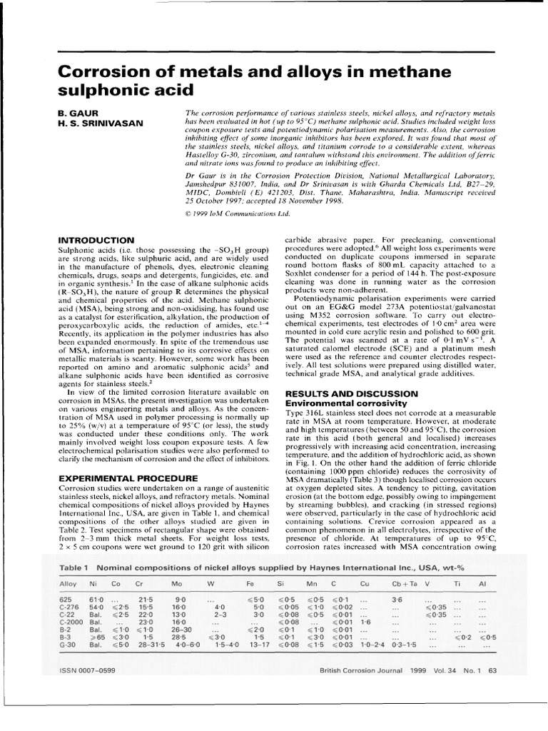 Corrosion of Metals and Alloys in Methane Sulphonic Acid | PDF