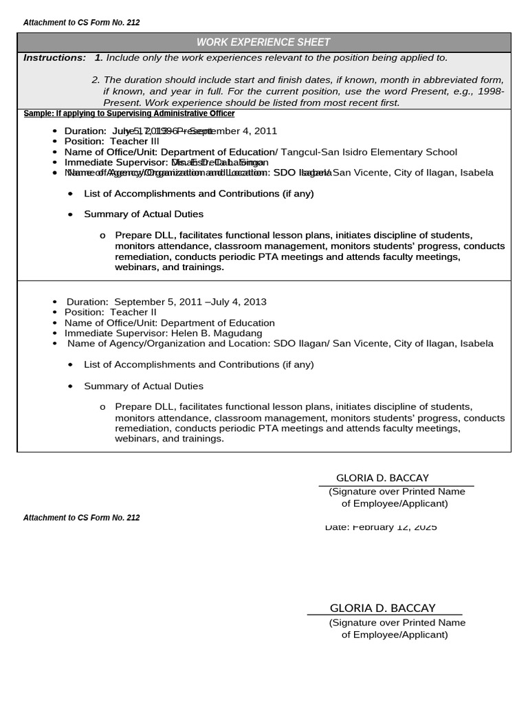 Work Experience Sheet CS Form No. 212 Mam Dina | PDF | Learning ...