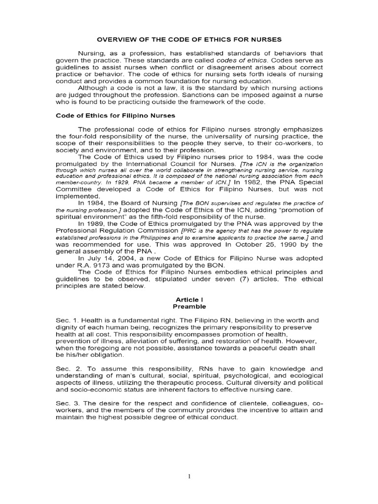 LEC16 CODE OF ETHICS FOR FILIPINO NURSES Part 1 | PDF