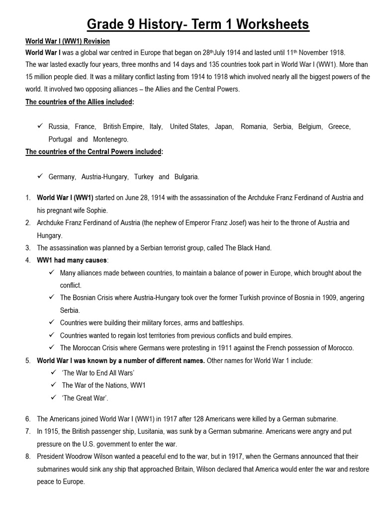 Gr.9 H Term 1 Worksheets ... | PDF | Nazi Germany | World War I