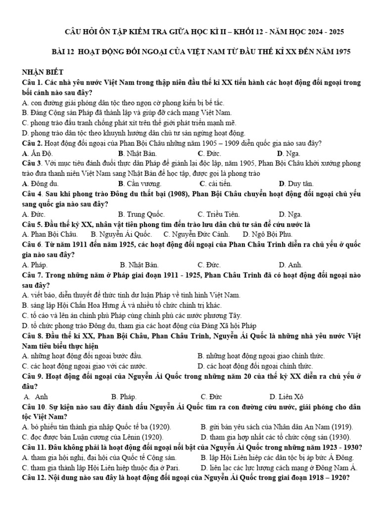 HỌC SINH CÂU HỎI ÔN TẬP GIỮA HKII K12 MỚI | PDF