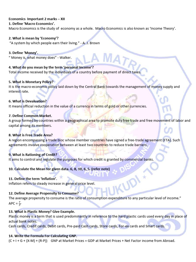 Namma Kalvi 12th Economics Important 2 Mark Questions With Answers em 217315 | PDF ...