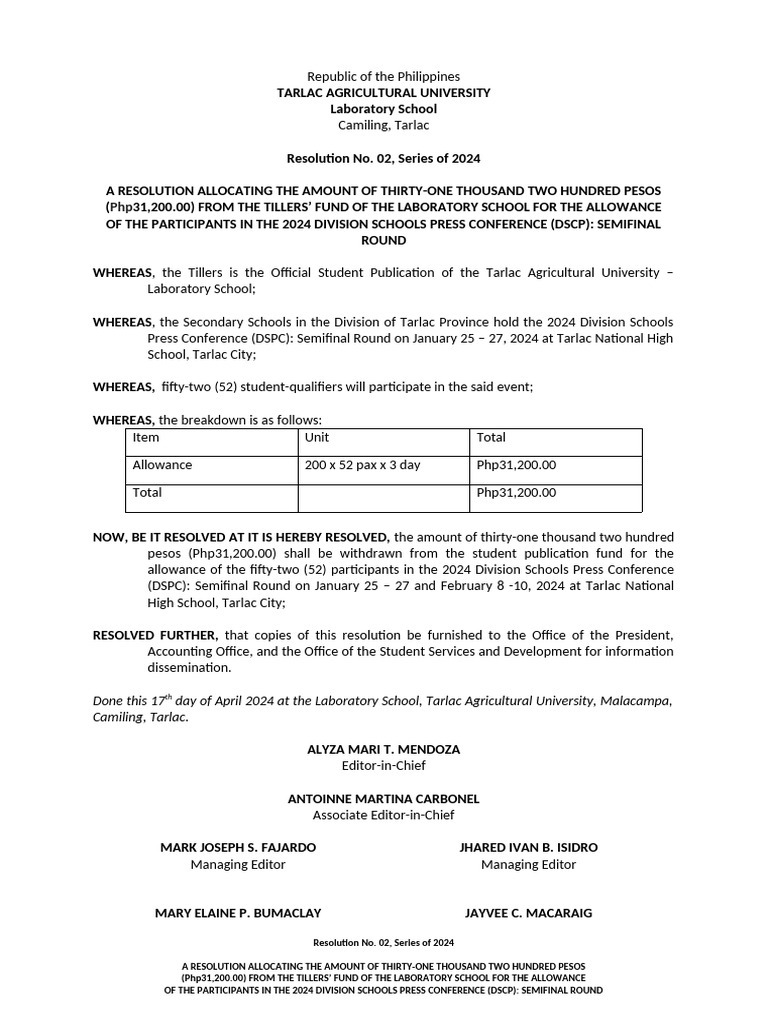 RESO FOR 2024 DSPC Semis Allowance | PDF
