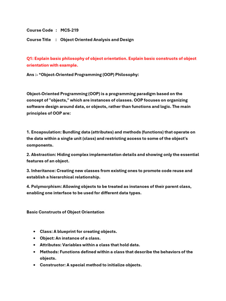 Object-Oriented Analysis and Design Concepts | PDF | Class (Computer Programming) | Object ...