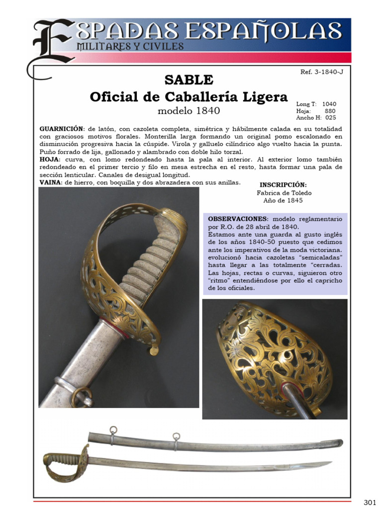 SABLE Oficial de Caballería Ligera Modelo 1840 | PDF