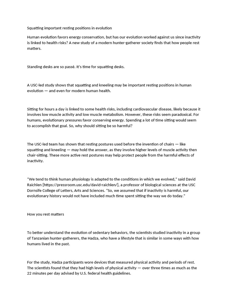 Squatting Important Resting Positions in Evolution | PDF | Sedentary ...