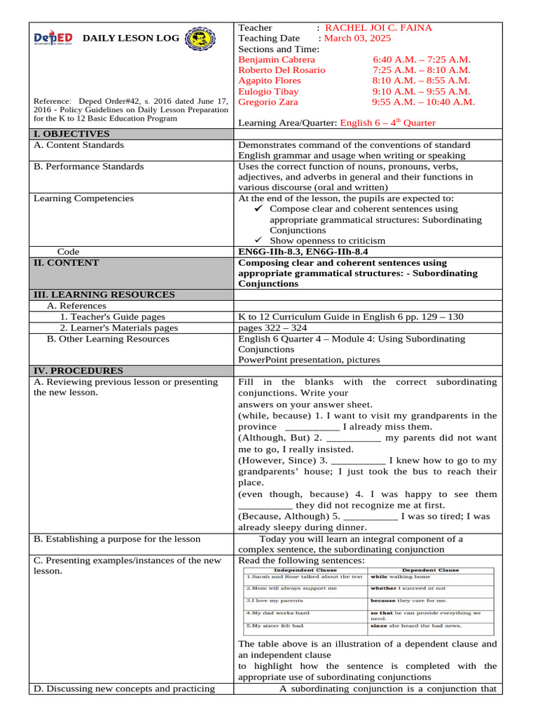 Daily Lesson Log: English 6 Grammar | PDF | English Language | English ...
