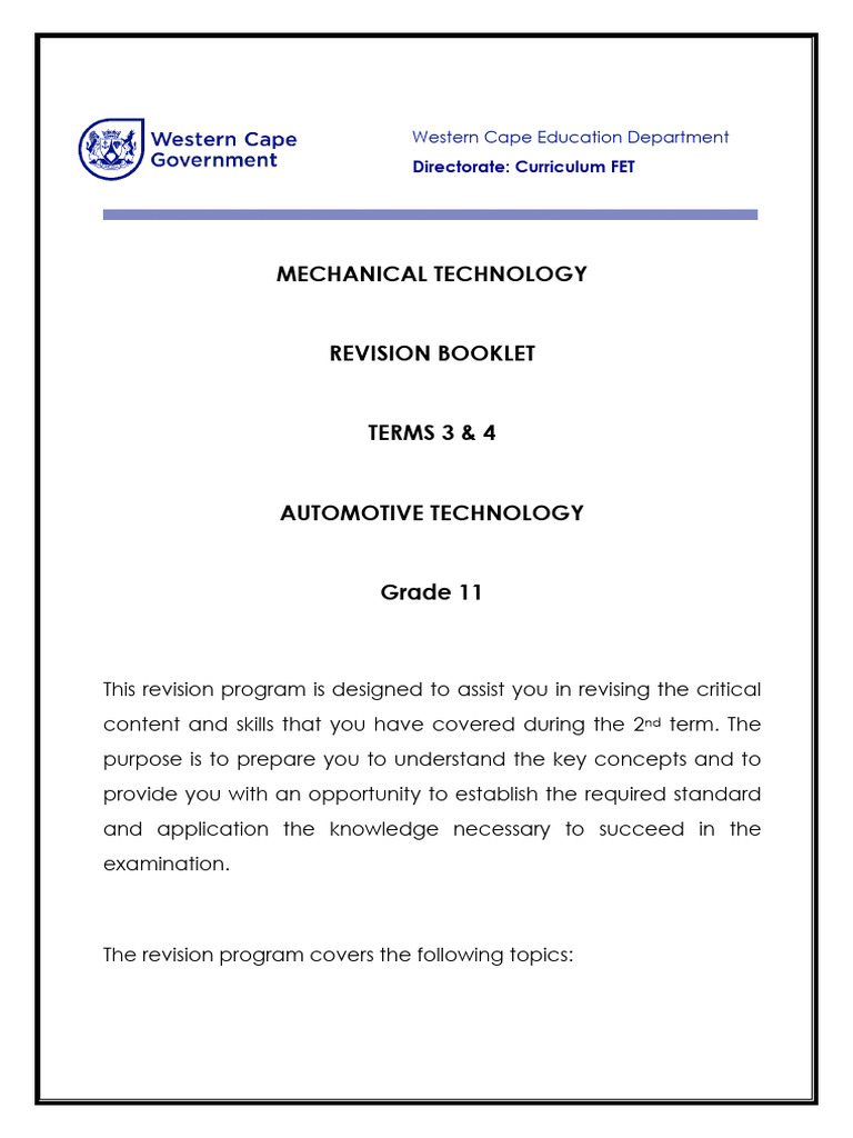Mechanical Technology Gr11 Term 3 & 4 Automotive Revision Booklet | PDF ...