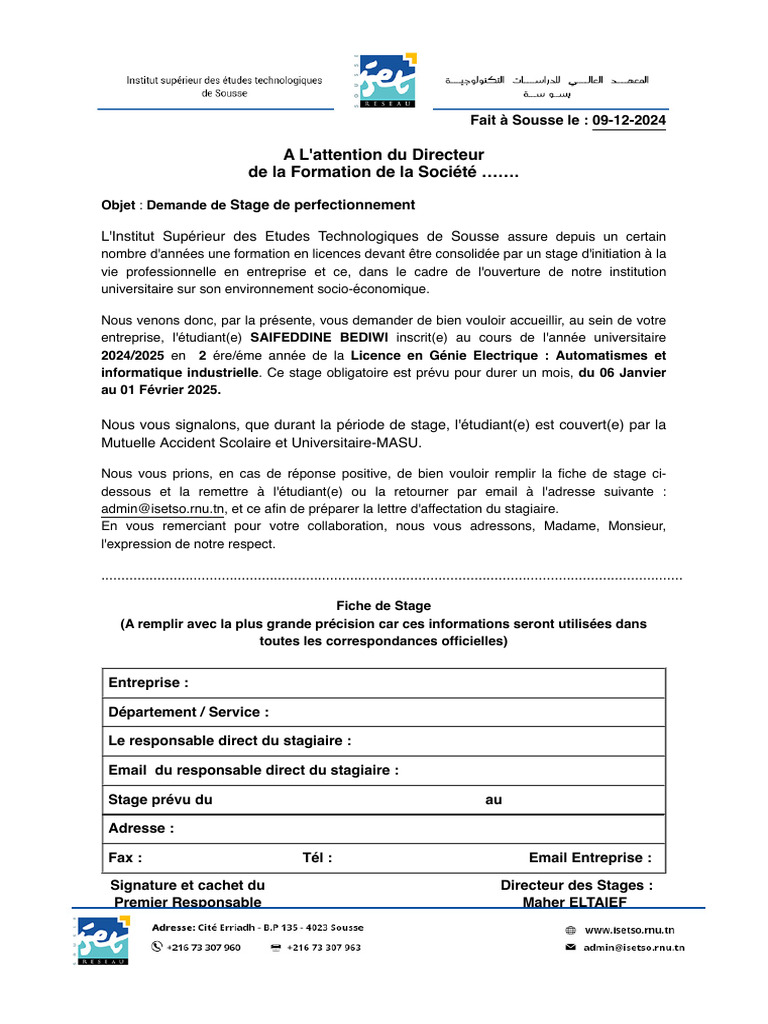 Demande de Stage en Génie Électrique | PDF