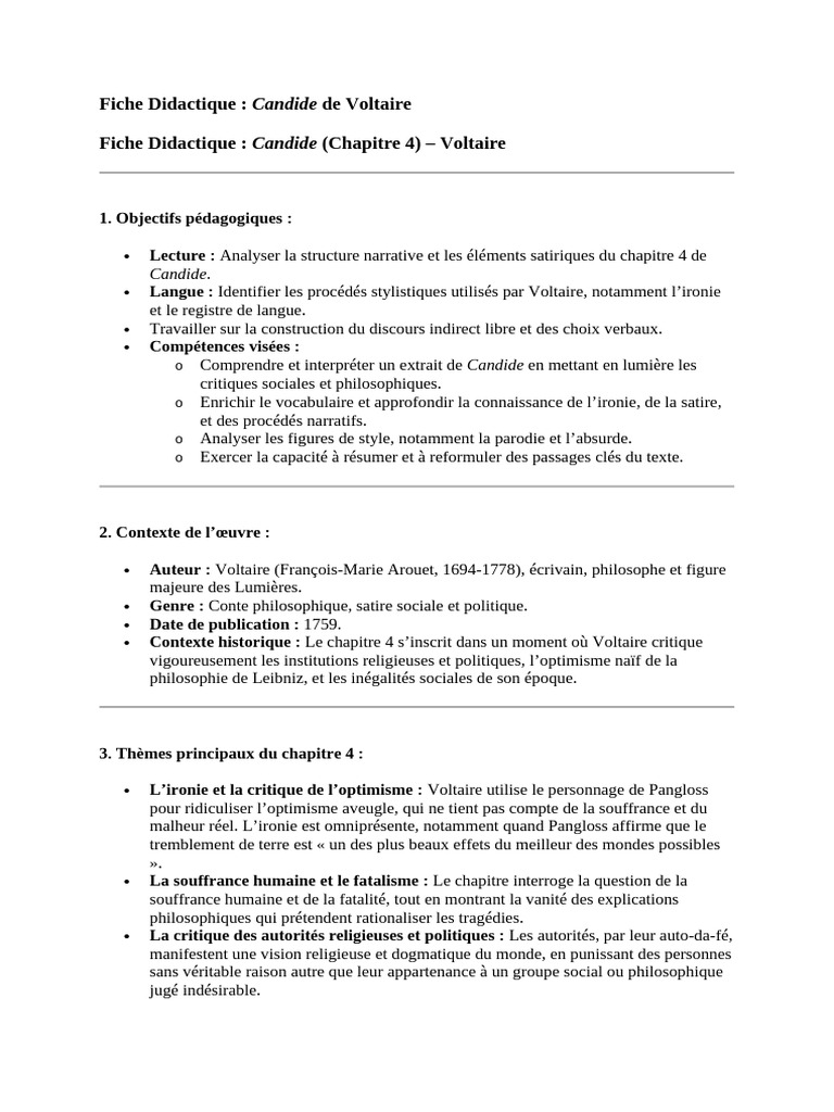 Analyse du Chapitre 4 de Candide | PDF | Candide | Voltaire