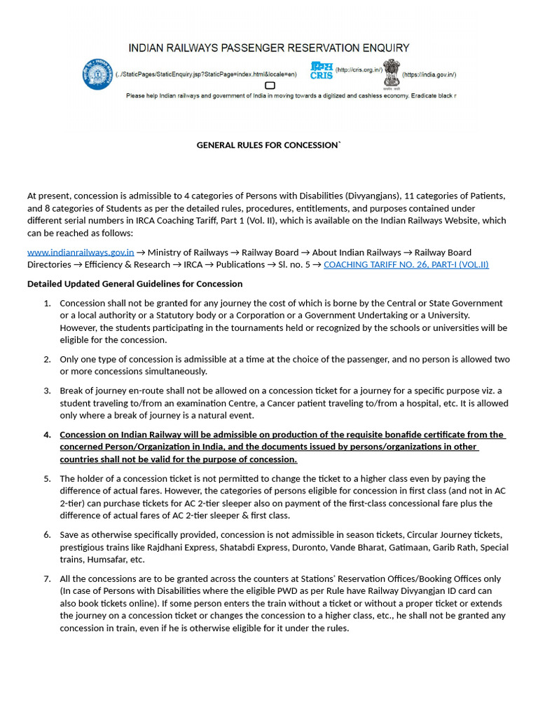 Indian Railways Concession Guidelines | PDF