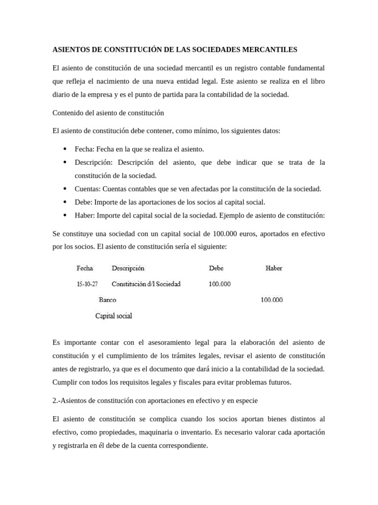 Asientos de Constitución de Las Sociedades Mercantiles | PDF | Contabilidad | Negocios económicos