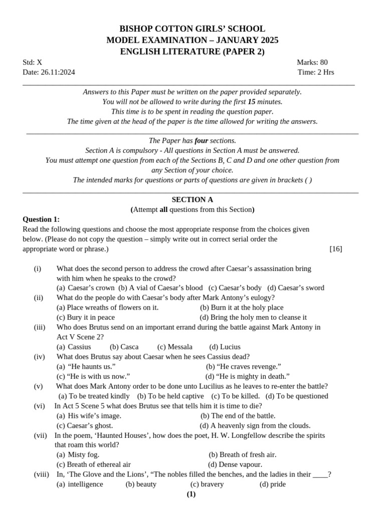 Std 10 Model Lit QP 2025 | PDF | Mark Antony