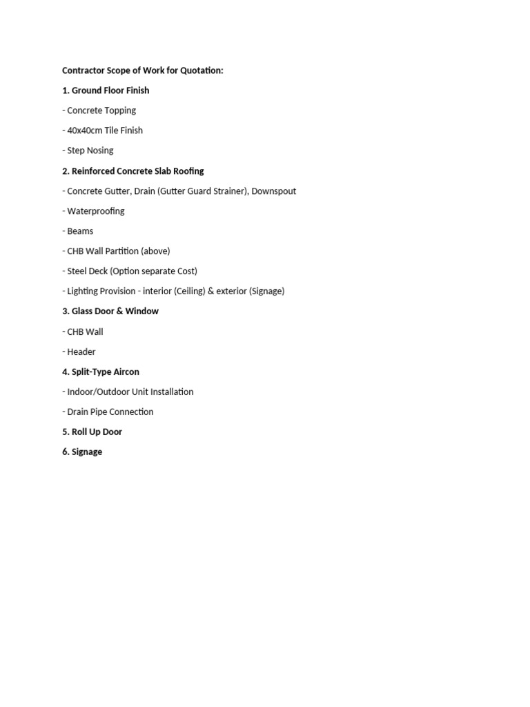 Contractor Scope of Work For Quotation | PDF