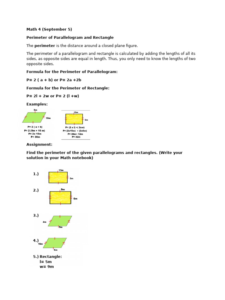 September 5 Math (Perimeter of Parallelogram and Rectangle | PDF