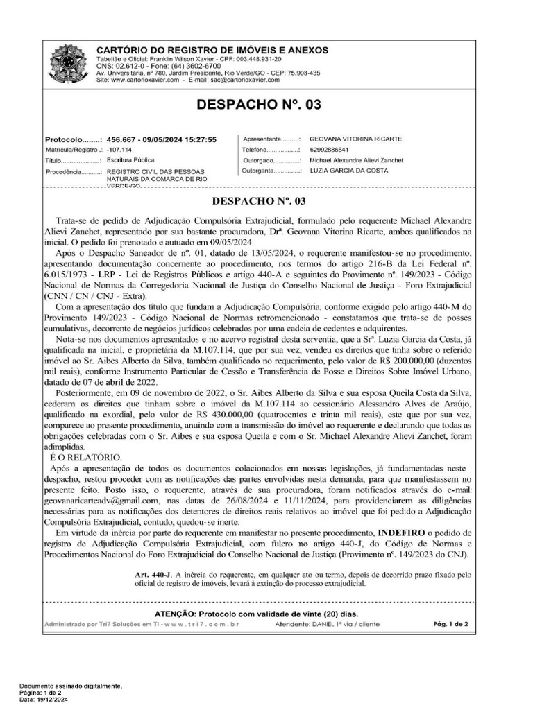 Nota Devolutiva - Indeferimento Do Pedido. | PDF