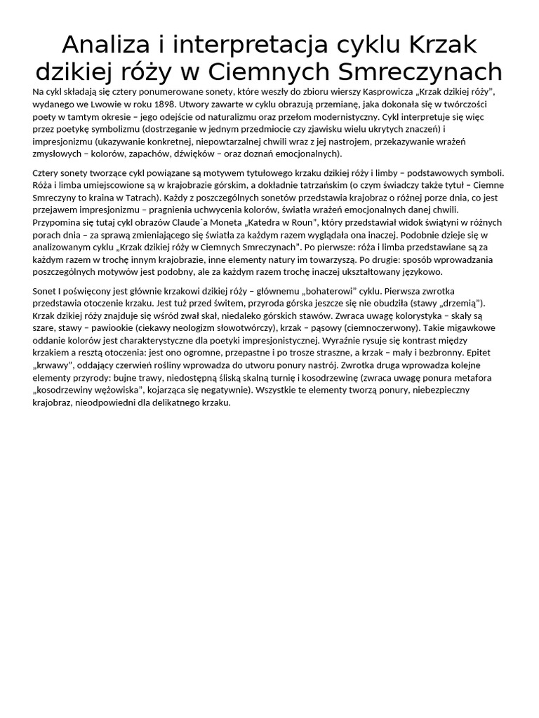 Analiza I Interpretacja Cyklu Krzak Dzikiej Róży W Ciemnych Smreczynach ...