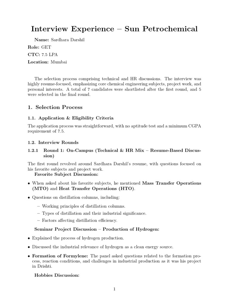 Sun Petrochemical Interview Insights | PDF