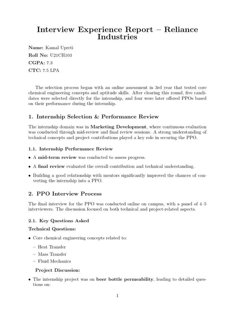 Interview Experience Reliance | PDF | Chemical Engineering | Engineering