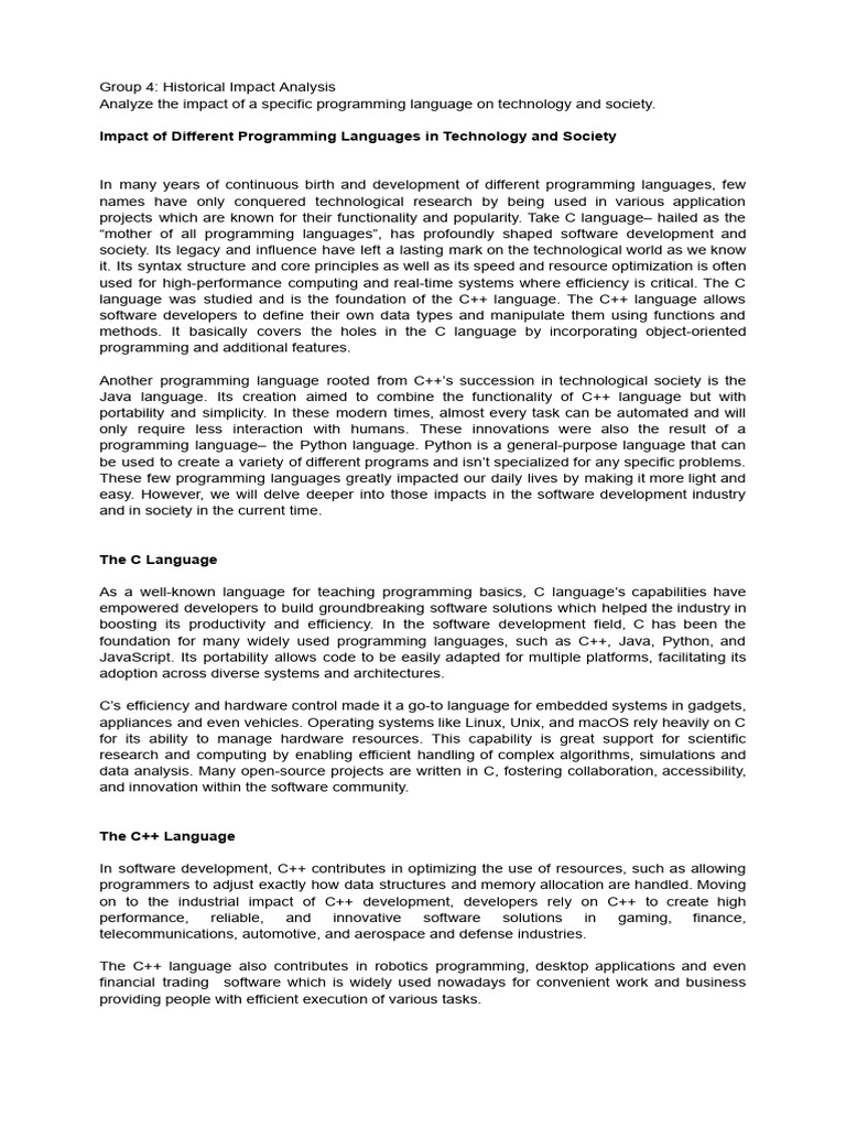 Group 4 - Historical Impact Analysis - PL1 | PDF | Computer Programming | Programming Language