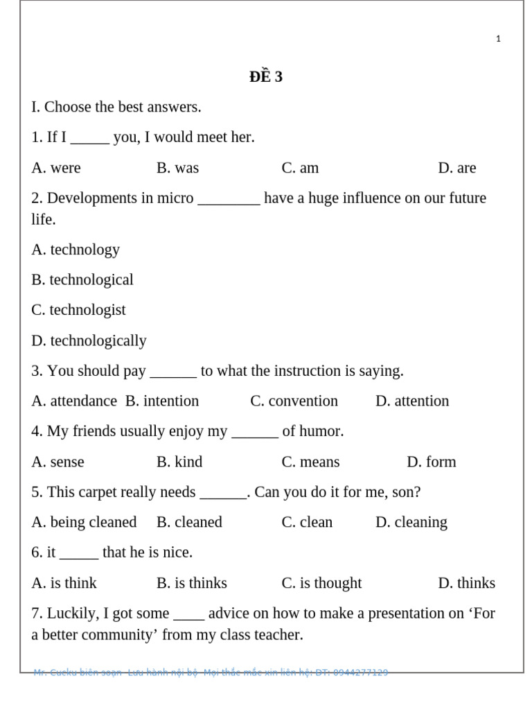 A1 English Test Practice Questions | PDF